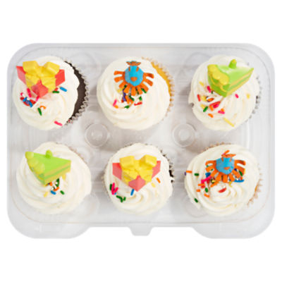 6 Pack Yellow & Chocolate Cupcakes W/Vanilla Icing & Picks - ShopRite