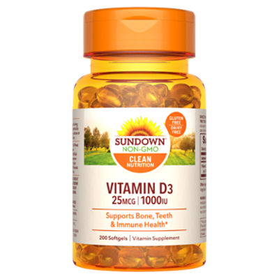 Sundown Vitamin D3 1000 IU, Supports Bone, Teeth, and Immune Health, 200 Softgels - The Fresh Grocer