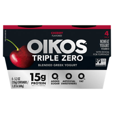 Oikos Triple Zero Cherry 15g Protein, No Sugar Added, Nonfat Greek ...
