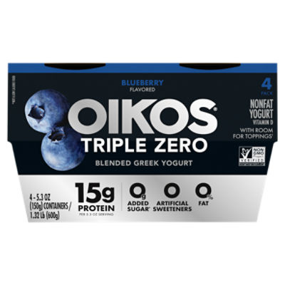 Oikos Triple Zero Blueberry 15g Protein, No Sugar Added, Nonfat Greek Yogurt Pack, 4 Ct, 5.3 OZ Cups