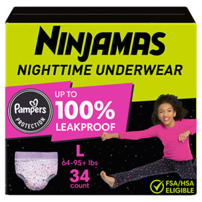 Ninjamas Nighttime Bedwetting Underwear Girl Size L/XL 34 Count