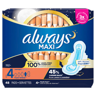 Always Size 4 Unscented Maxi Overnight Pads With Wings