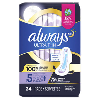Always Ultra Thin Extra Heavy Overnight Pads with Wings, Size 5, Extra ...