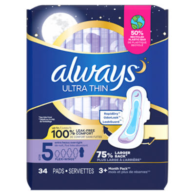 Always Ultra Thin Overnight Pads with Wings, Size 5, Extra Heavy ...