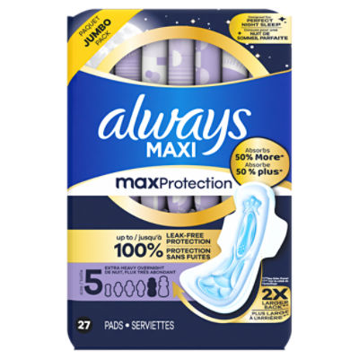 Always Maxi Pads Size 5 Overnight Absorbency Unscented with Wings, 27 ...