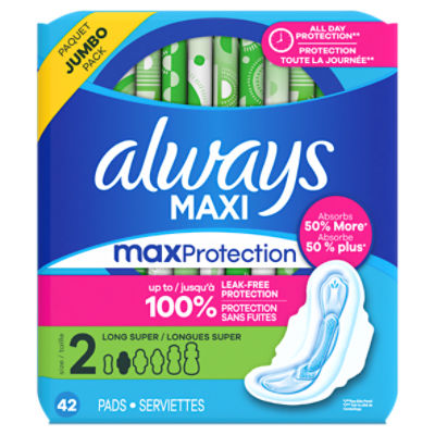 Always Maxi Daytime Pads with Wings, Size 2, Super, Unscented, 42 Count ...