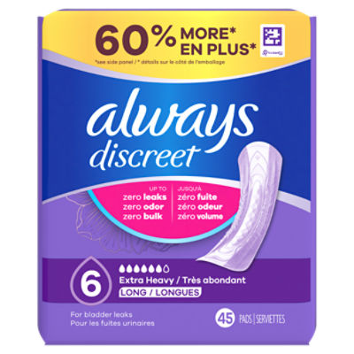 Always Discreet Extra Heavy Long Incontinence Pads, Up to 100% Leak ...