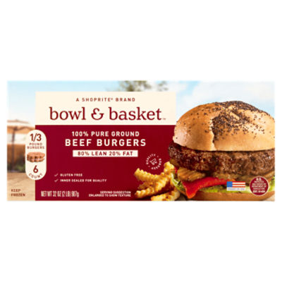 Bowl & Basket 80% Lean 20% Fat Beef Burgers, 1/3 lb, 6 count - The ...