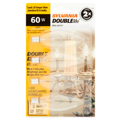 Sylvania Double Life 60W Small Base B10 Bulbs, 4 count