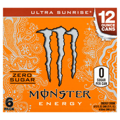 Monster Energy Ultra Sunrise Zero Sugar Energy Drink, 12 fl oz, 6 count ...