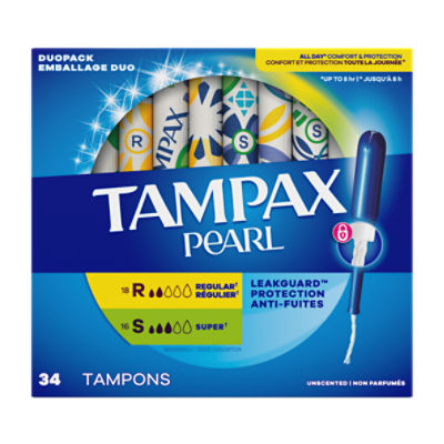 Tampax Pearl Tampons Duo Pack, with LeakGuard Braid, Regular/Super ...