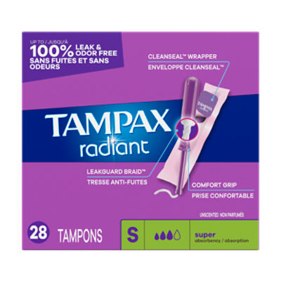 Tampax Radiant Tampons with LeakGuard Braid, Super Absorbency ...