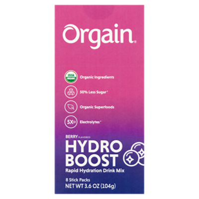 Orgain Hydro Boost Berry Flavored Rapid Hydration Drink Mix, 8 count, 3 ...