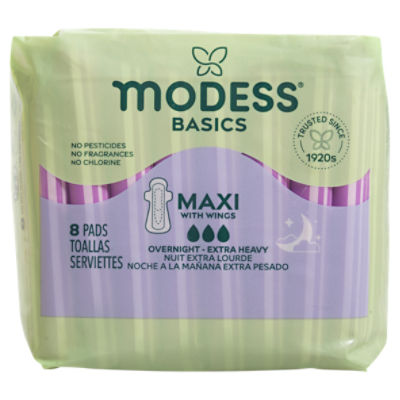 Modess Basics Maxi with Wings Overnight - Extra Heavy Pads, 8 count